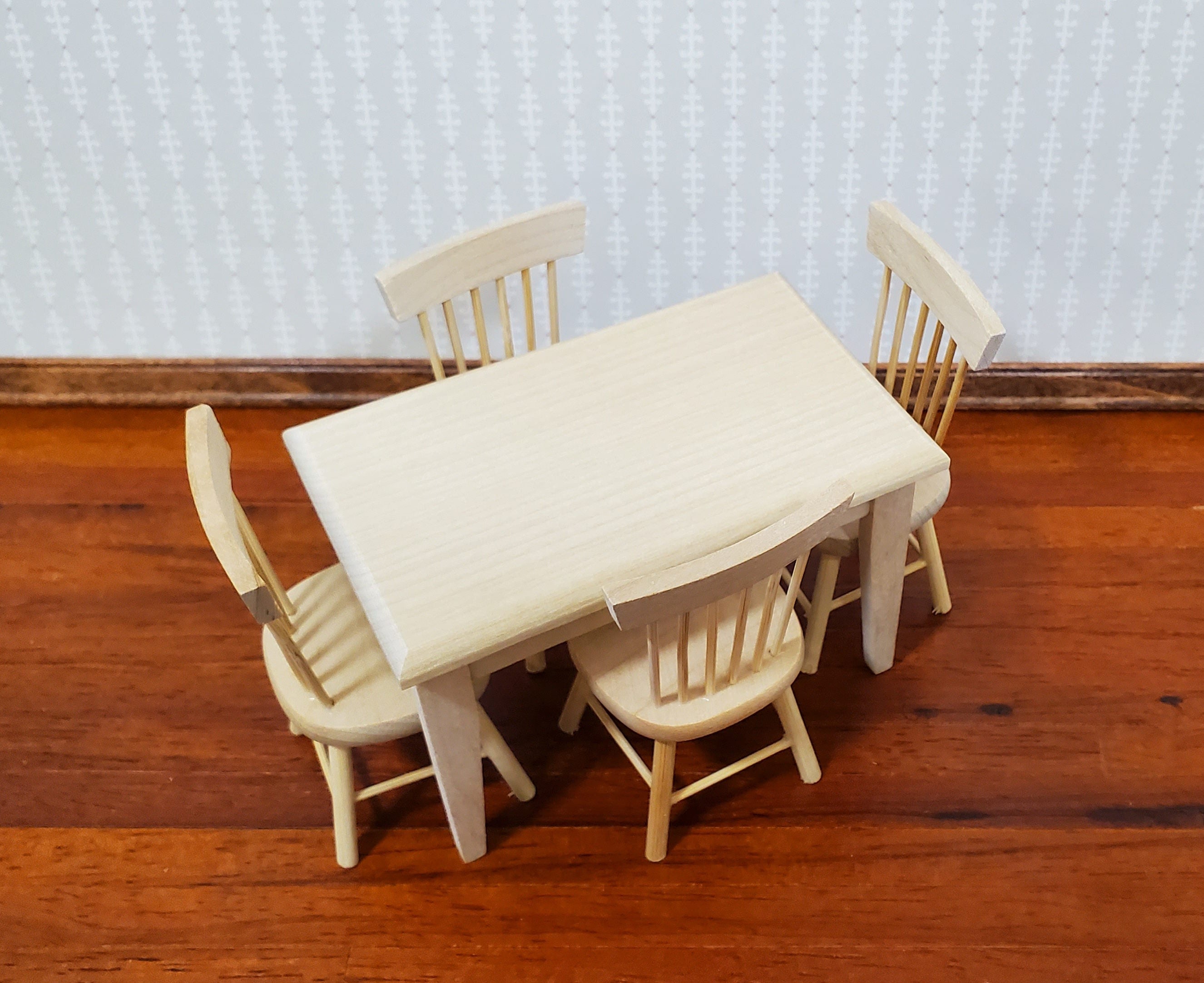 Dollhouse Kitchen Table with 4 Chairs Unpainted 1:12 Scale Miniature ...