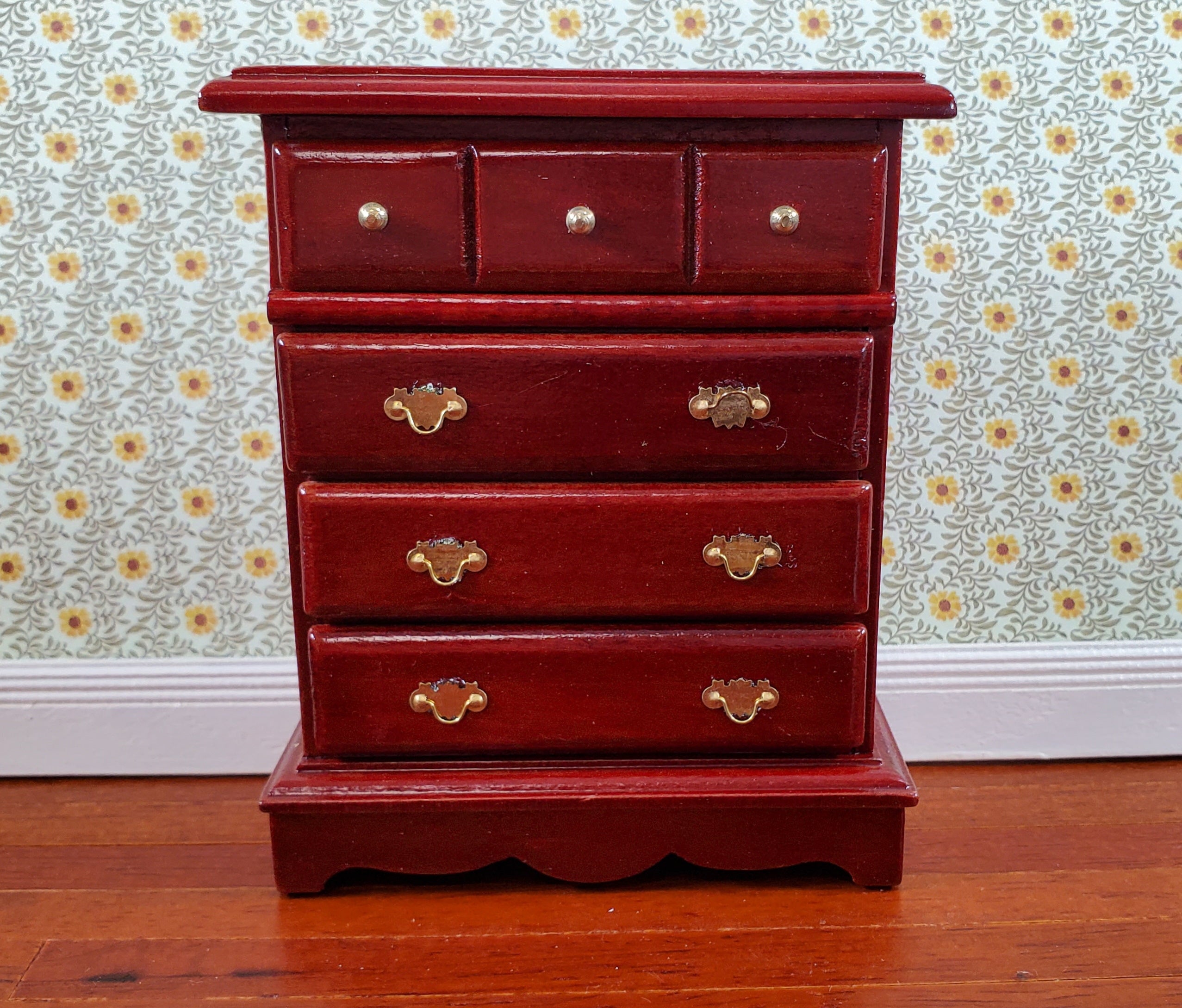 Dollhouse Miniature Dresser Chest Tall 4 Drawer 1:12 Scale Mahogany Fi ...