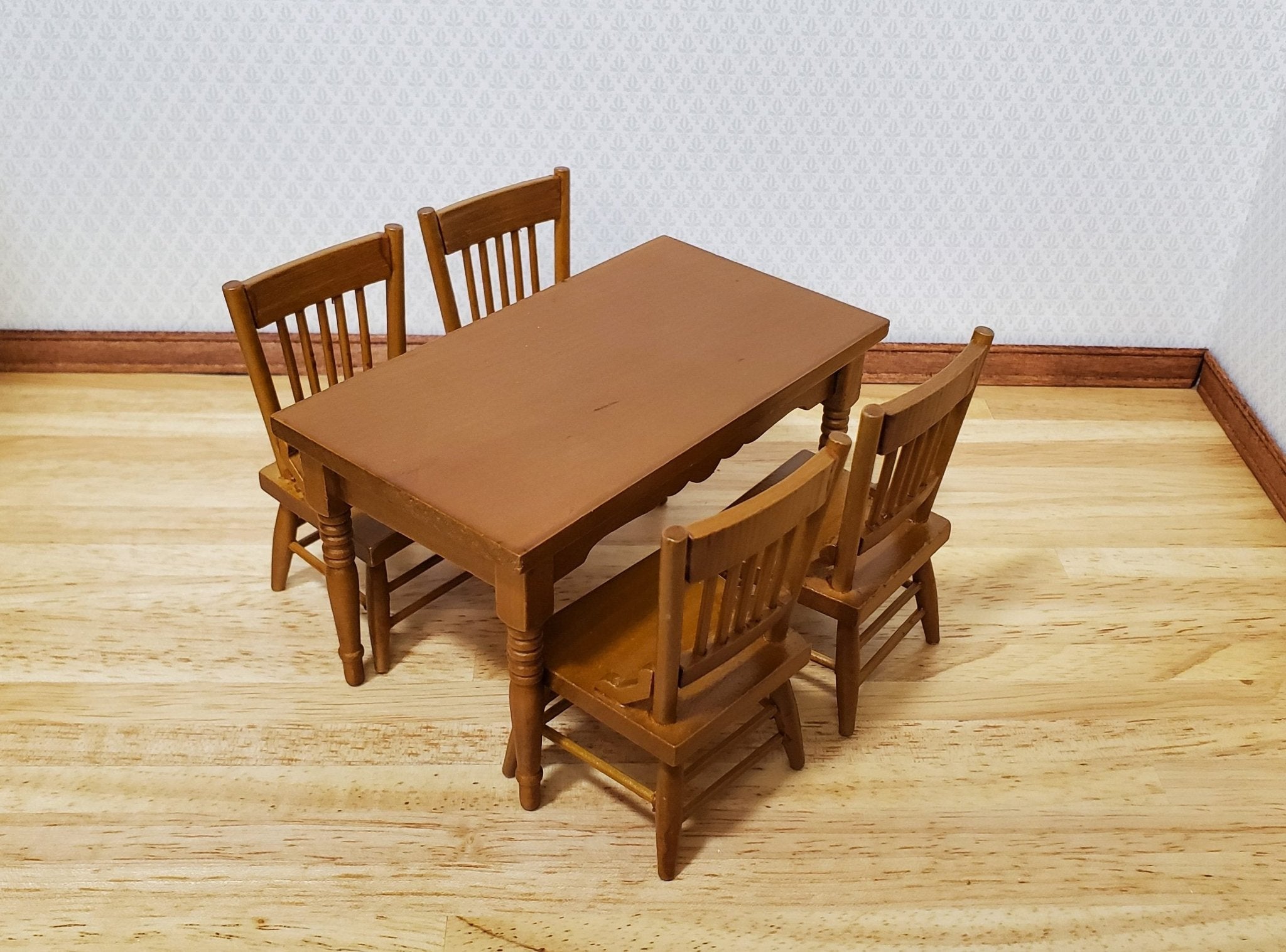Dollhouse Kitchen Table & 4 Chairs Set Walnut Finish 1:12 Scale ...