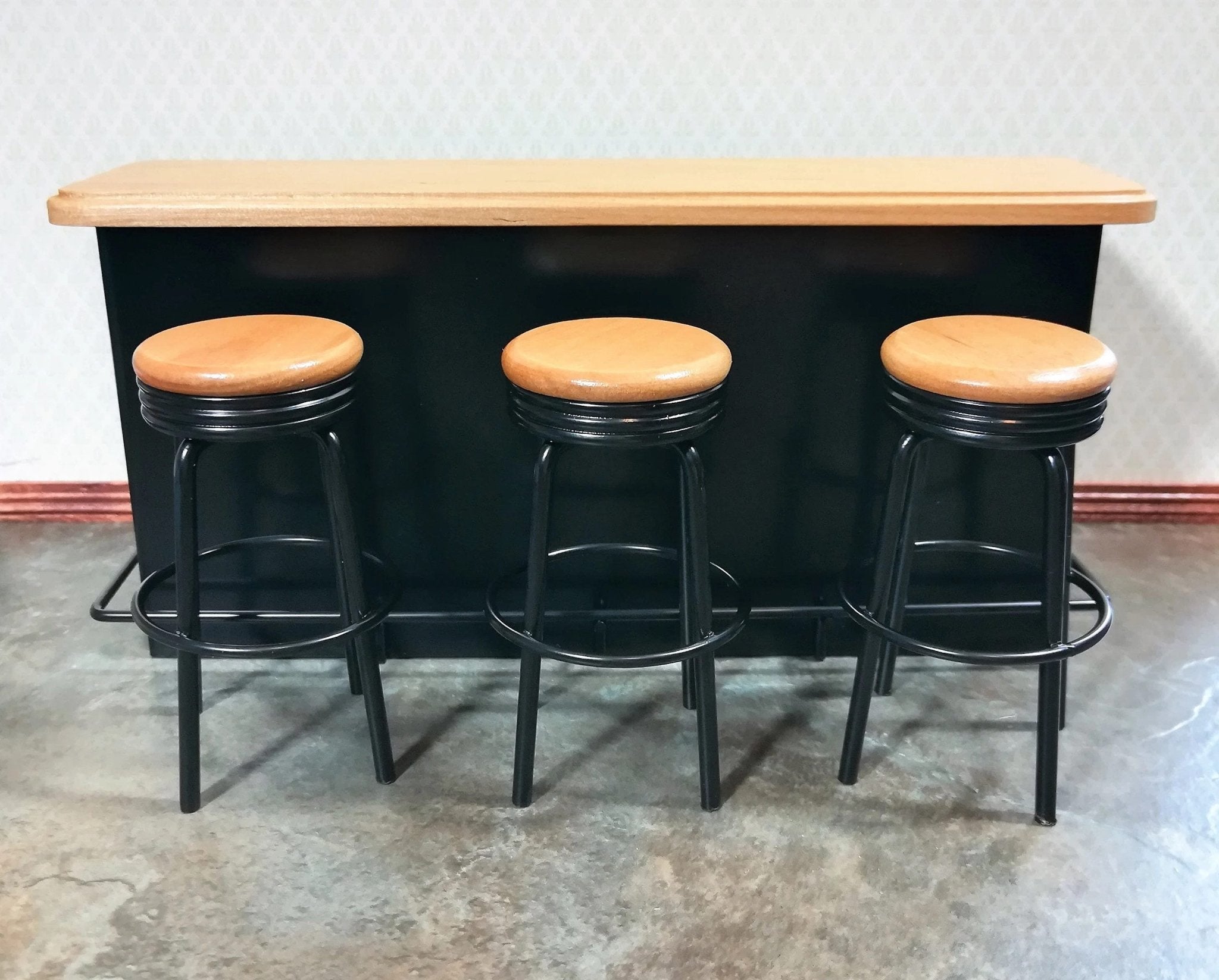 Dollhouse Miniature Bar Counter 3 Stools Black Metal & Oak Wood 1:12 ...