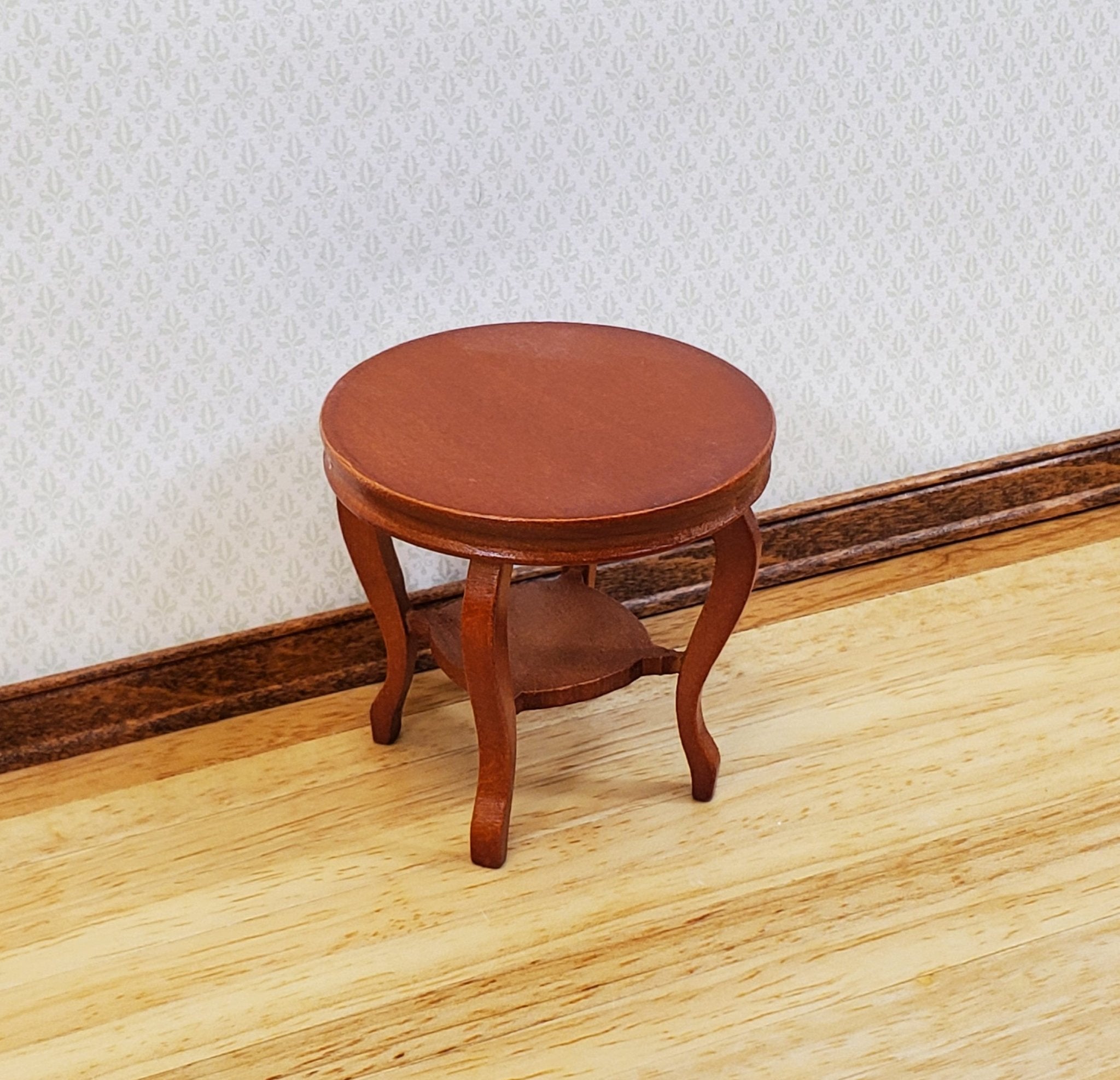 Dollhouse End Table Small Round Walnut Finish Lower Shelf 1:12 Scale ...