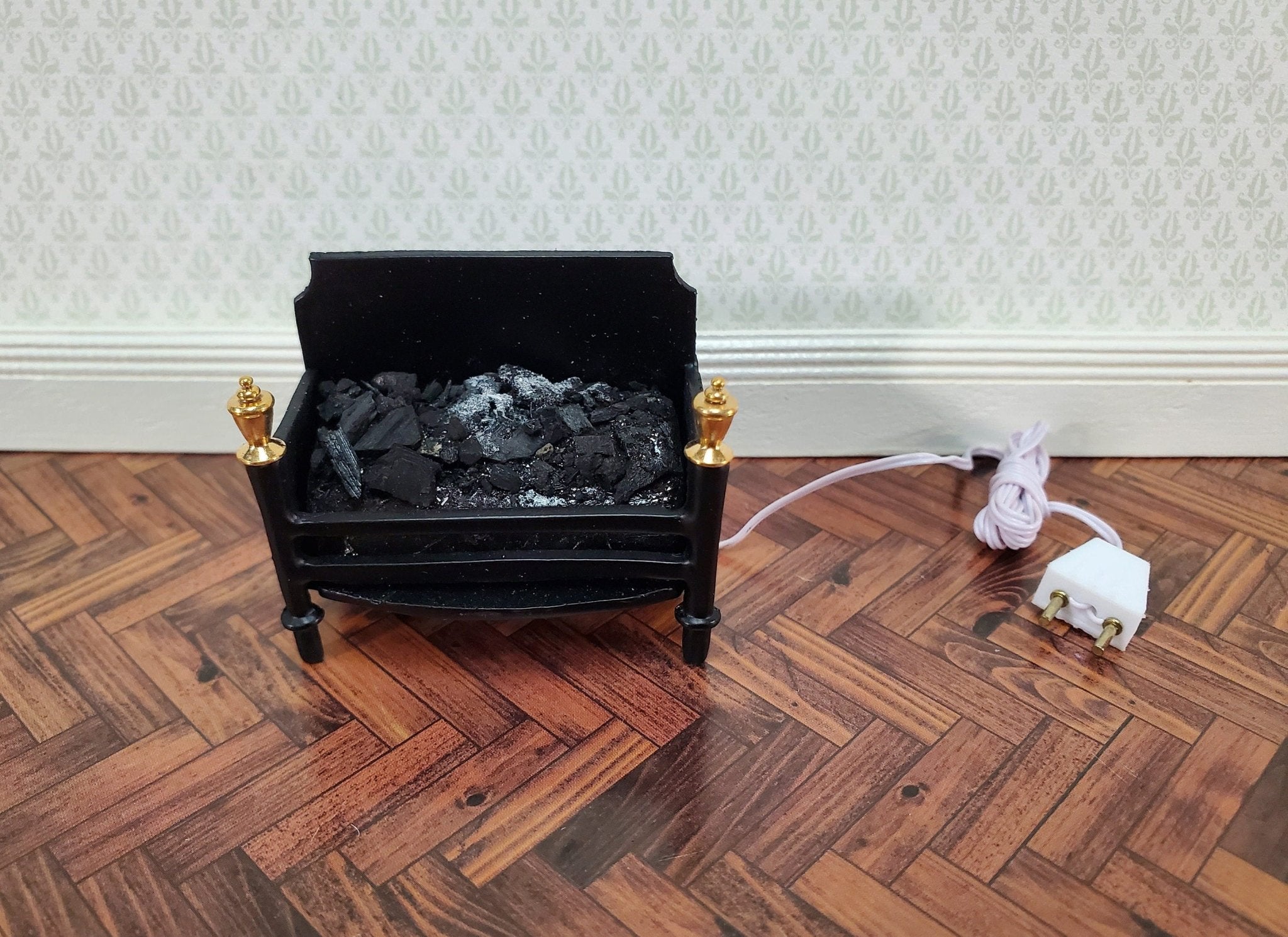 Dollhouse Miniature Lit Fire Basket Fireplace Insert Coals 1:12 Scale ...