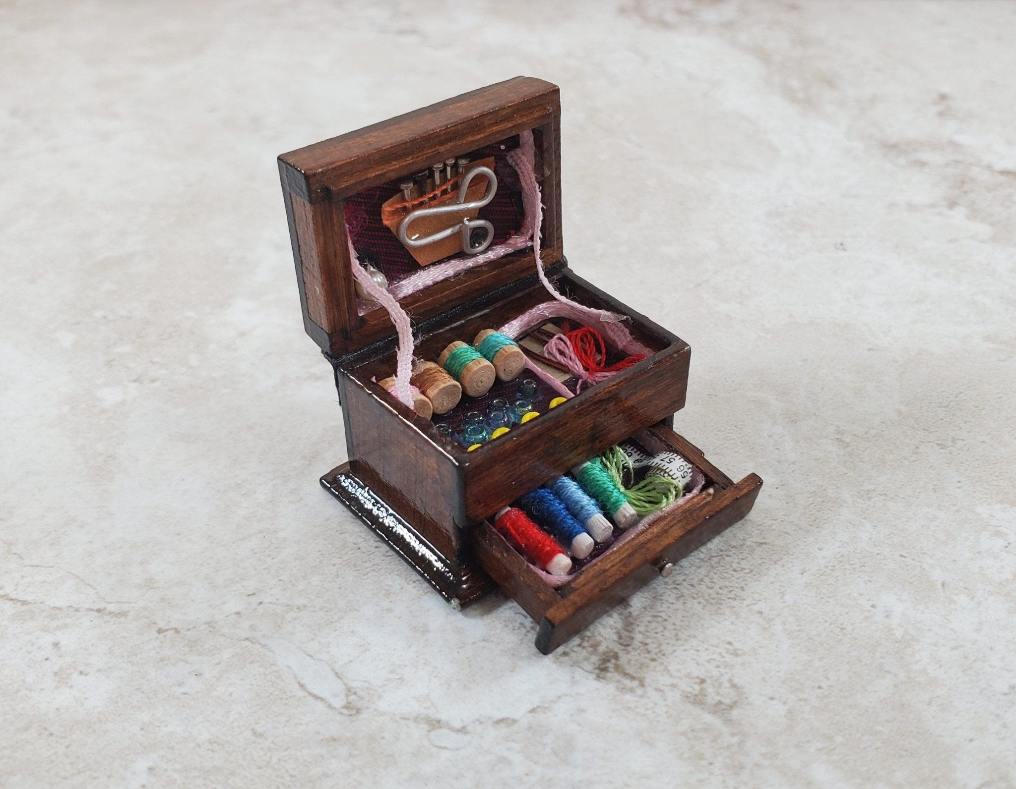 Dollhouse Sewing Box with Drawer and Notions Measure 1:12 Scale ...