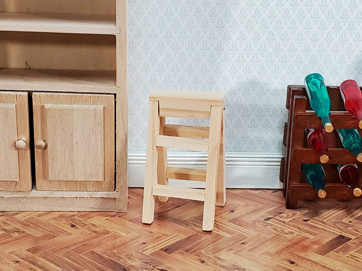 Dollhouse Step Ladder 3 Steps Unpainted Wood 1:12 Scale Miniature Opens ...