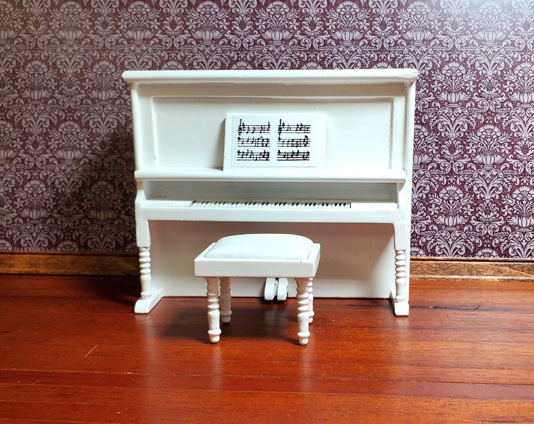 Dollhouse Upright Piano with Bench Seat White Wood 1:12 Scale Miniature ...