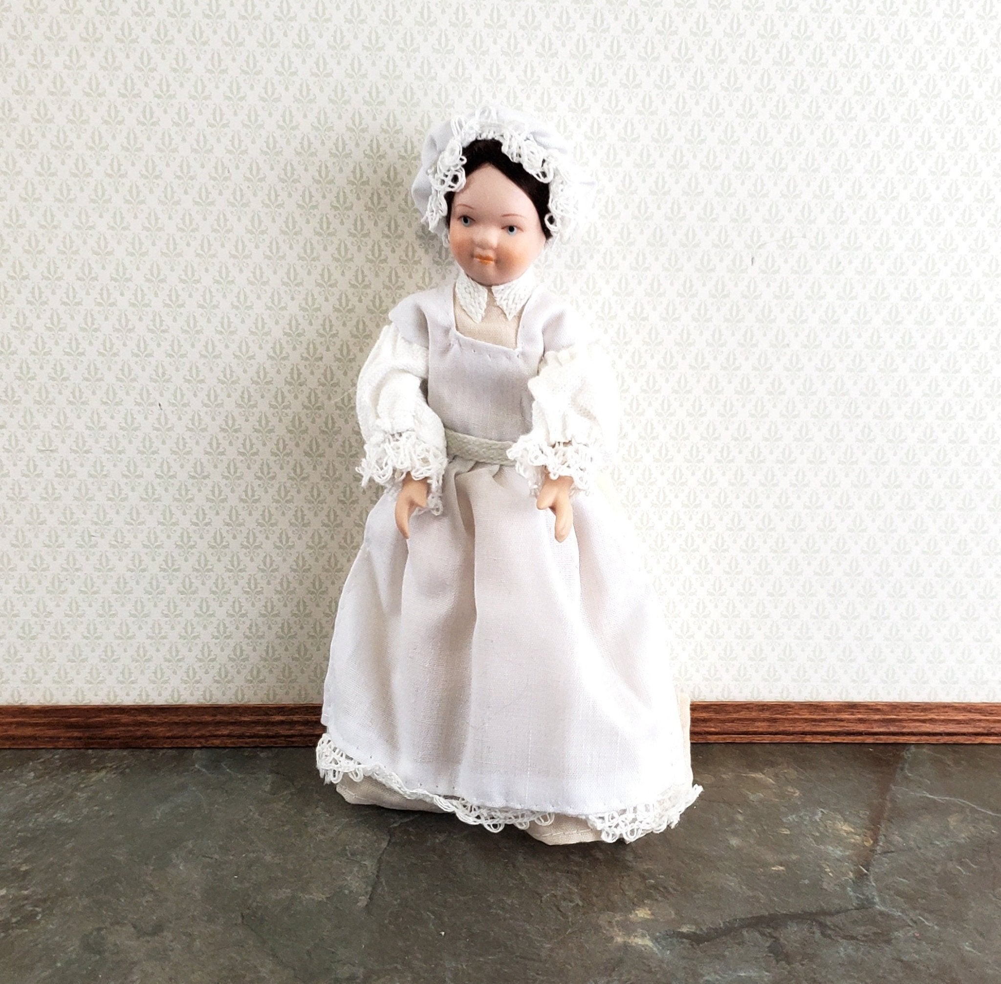 Dollhouse Victorian Maid Housekeeper Doll Dressed in White Porcelain ...
